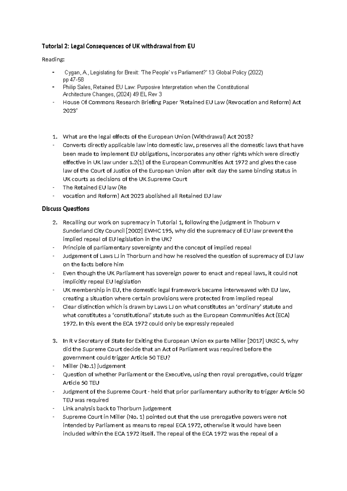 Tutorial 2: Legal Implications of Brexit on UK Law and Rights - Studocu