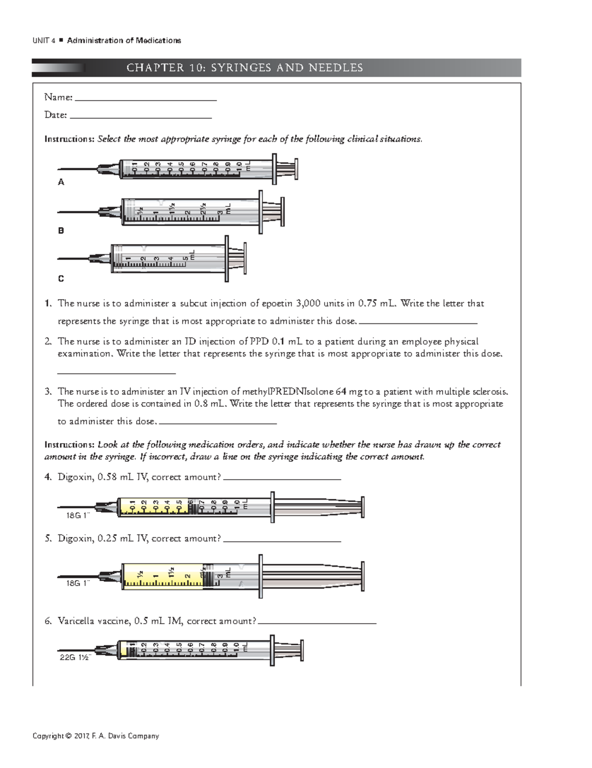 Syringe and Needles Practice Worksheet - UNIT 4 Administration of ...