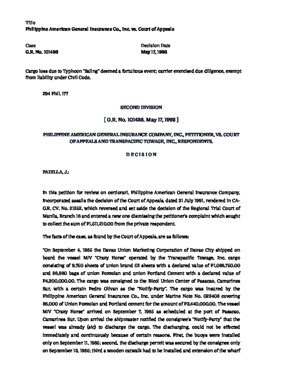 G.R. No. 101426 - Philippine American General Insurance Co. vs. Court ...