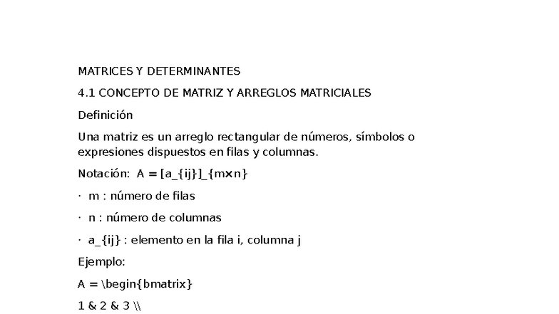 MATRICES Y DETERMINANTES: RESUMEN BREVE DE CONCEPTOS CLAVE - Studocu