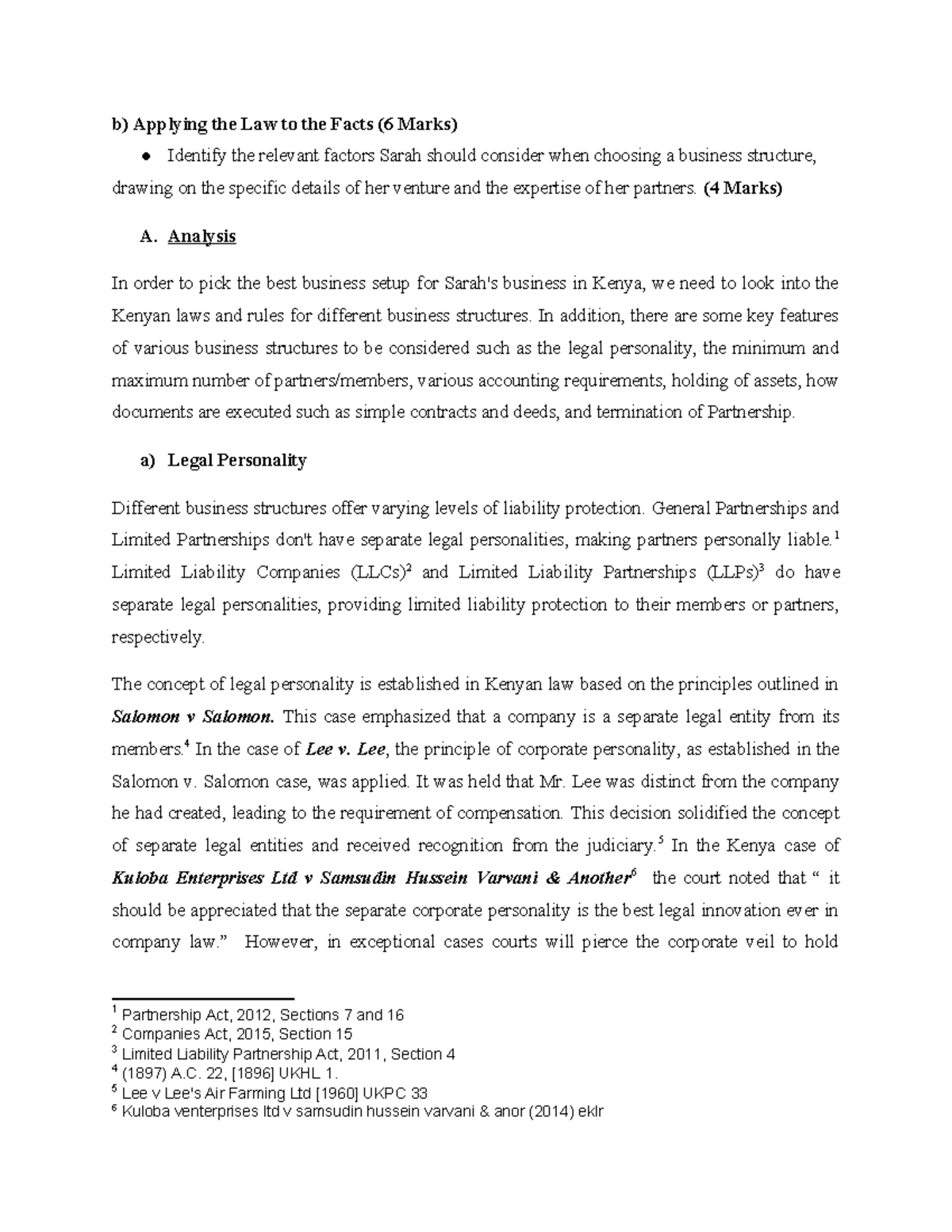 Commercial Transactions Q1B - b) Applying the Law to the Facts (6 Marks ...