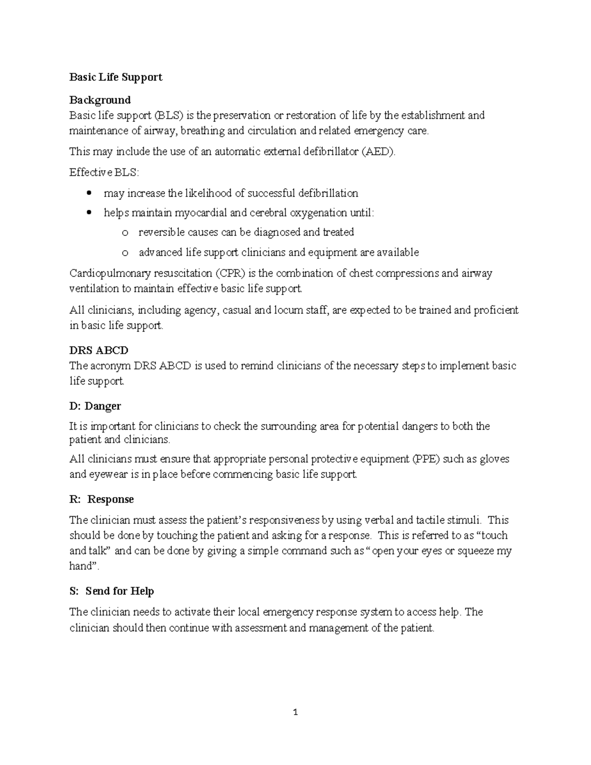 BLS101 - Basic Life Support Lesson Notes and Guidelines - Studocu