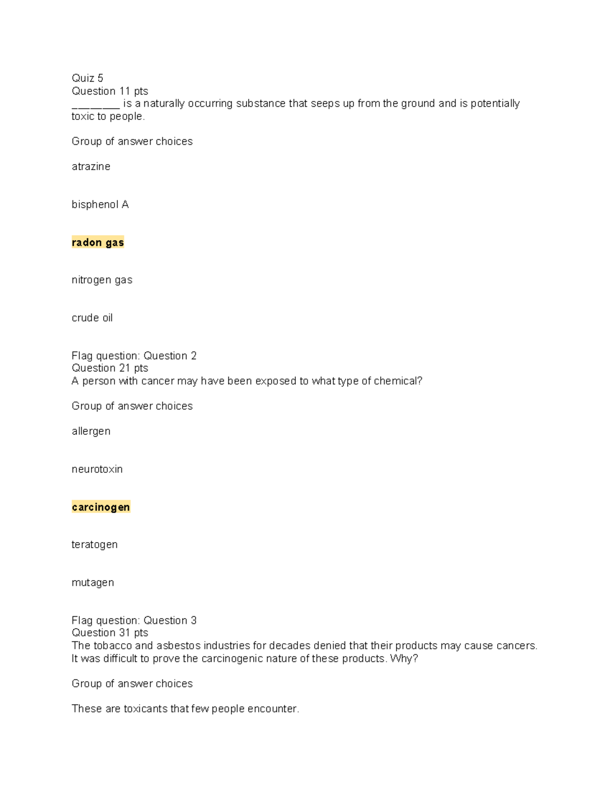 Quiz 5: Toxicology and Environmental Hazards Insights - Studocu