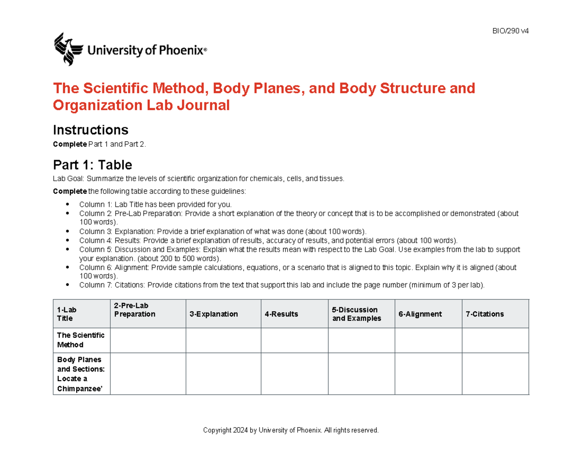 Bio290 v4 Lab Journal: Scientific Method & Body Organization - Studocu