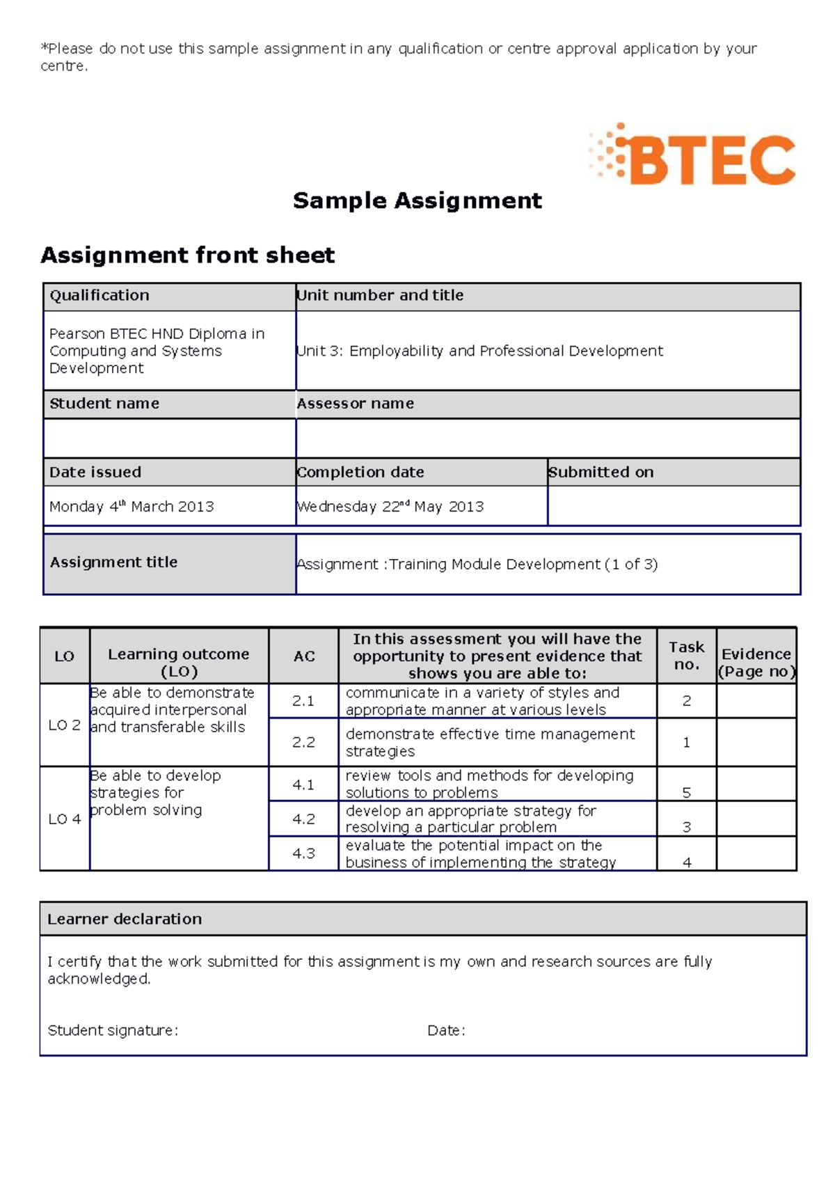 Pearson BTEC HND Computing Unit 3 Sample Assignment: Training Module Dev. - Studocu