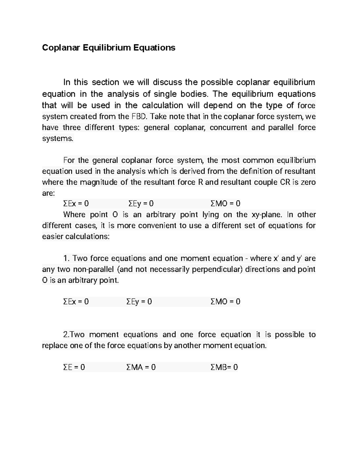 Coplanar Equilibrium Equations for Analyzing Forces in 2D - Studocu