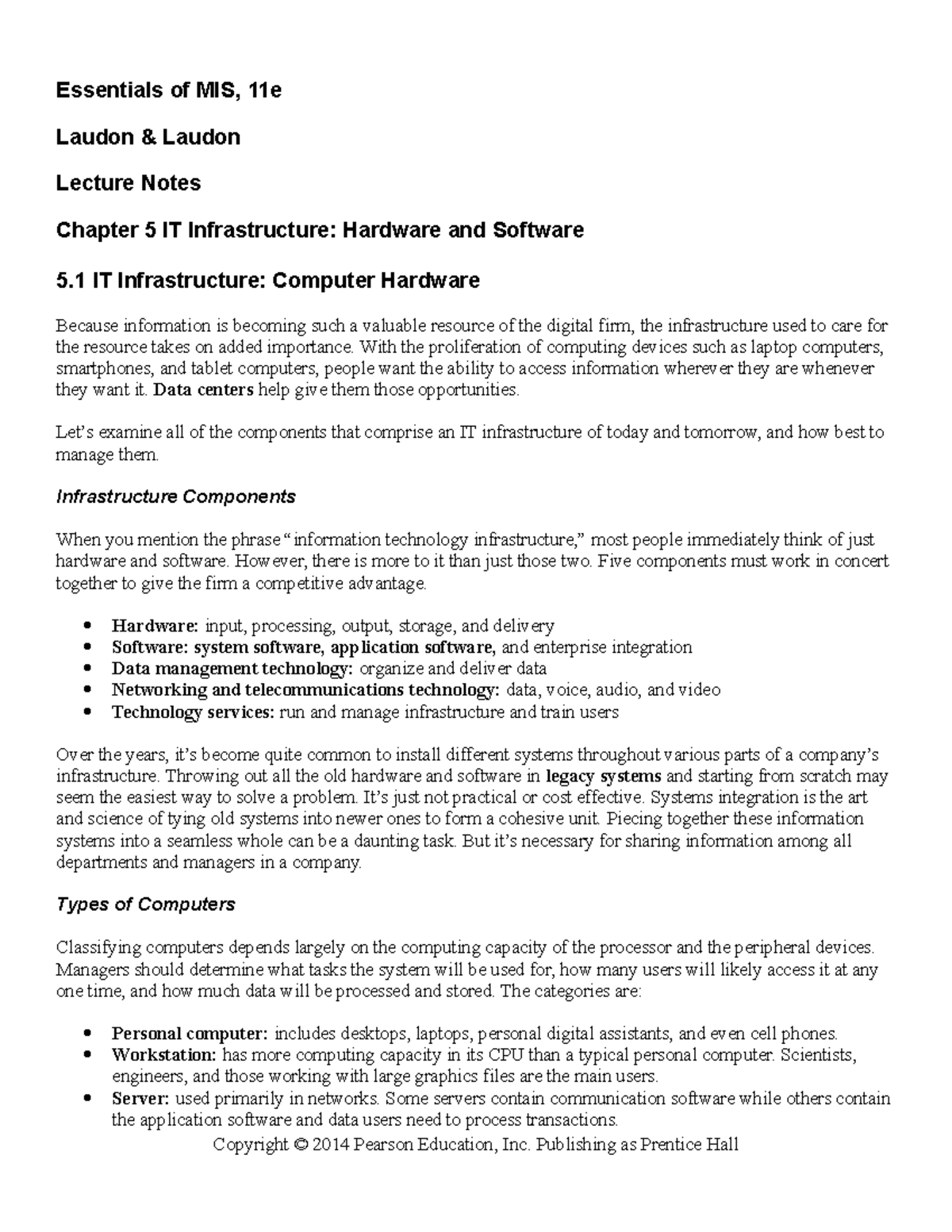 Chapter 5 IT Infrastructure & Emerging Tech: Lecture Notes (MIS 11e ...