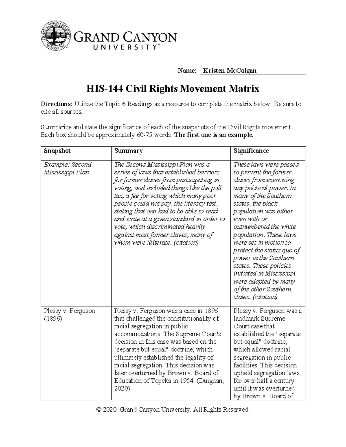 HIS-144-T6 Civil Rights Movement Matrix Online - Name: Kristen McColgan ...
