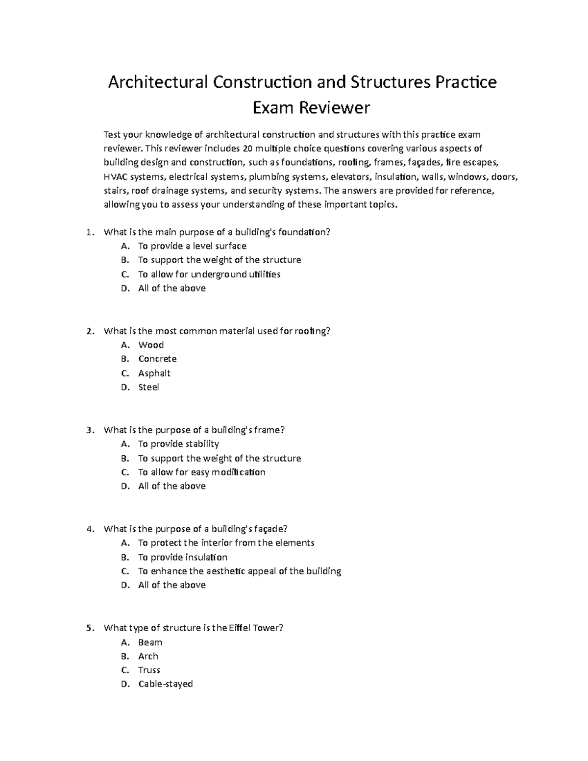 Architectural Construction and Structures Practice Exam Reviewer - This ...