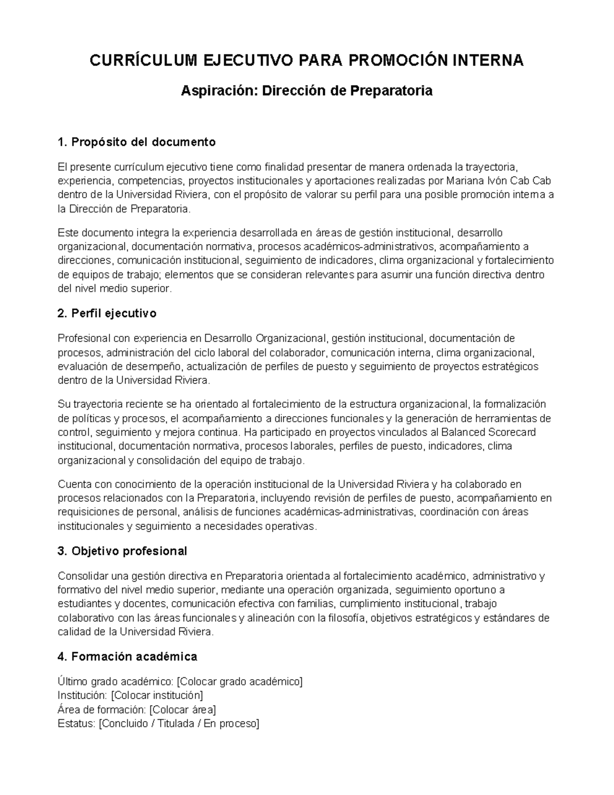 Currículum Ejecutivo para Promoción Interna: Dirección de Preparatoria ...