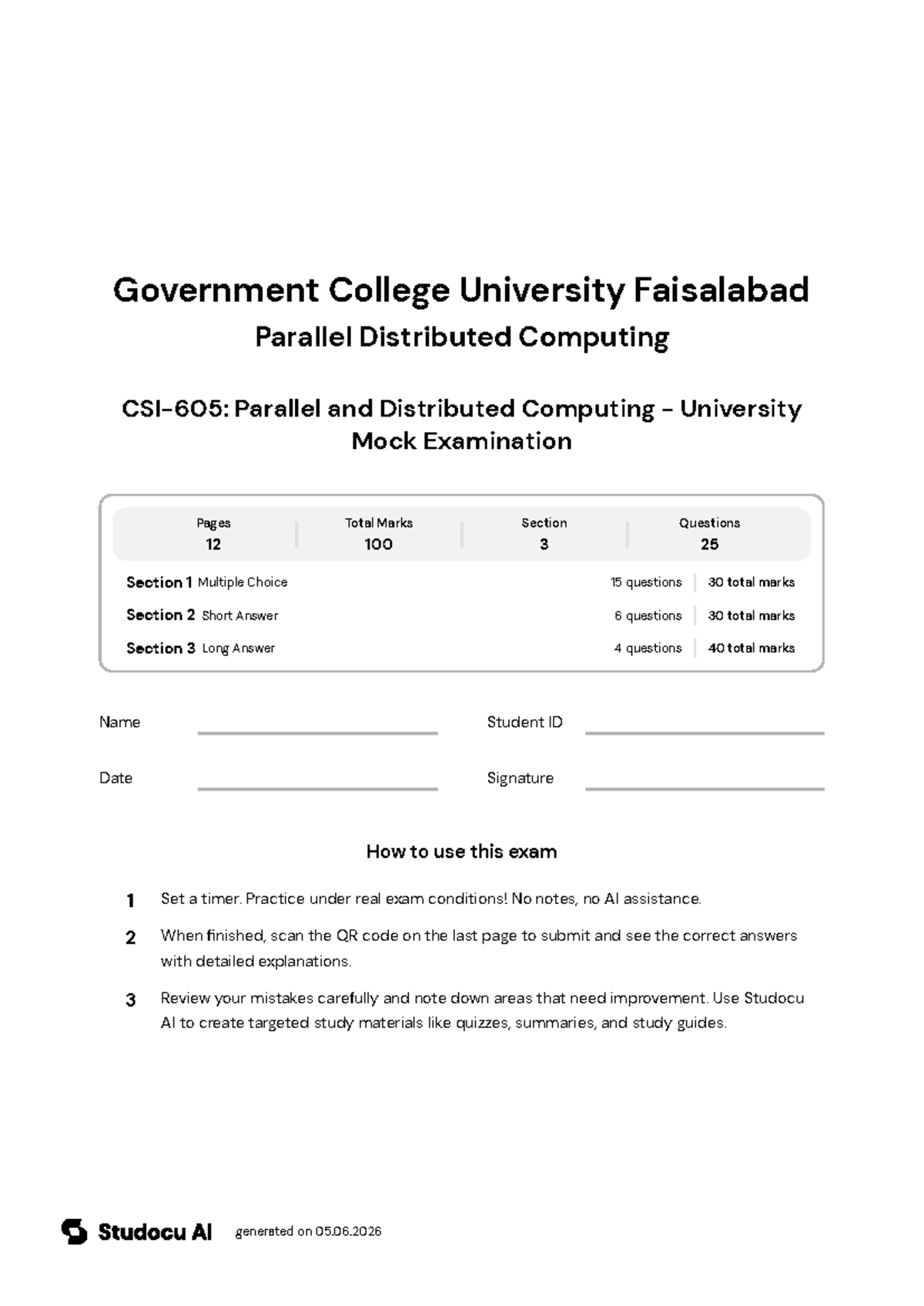 CSI-605: Parallel and Distributed Computing - Mock Exam - Studocu