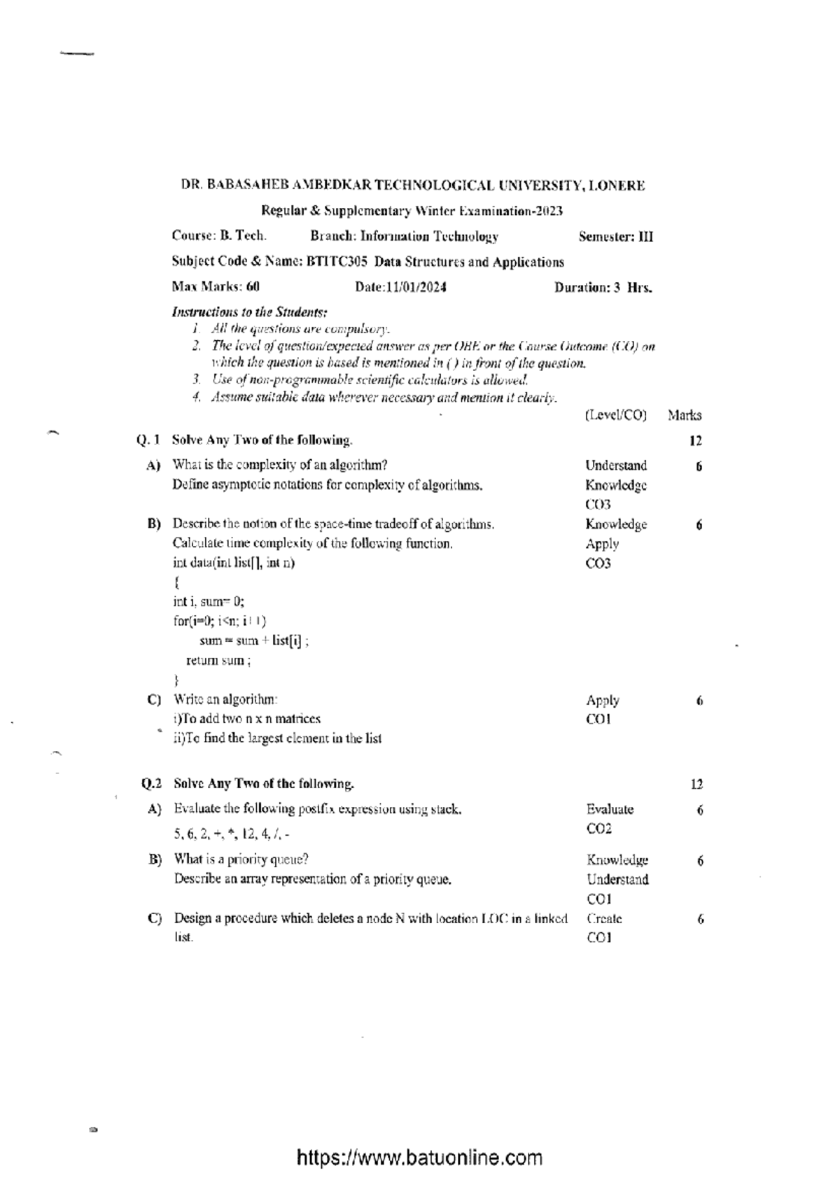 BTITC305 Data Structures & Applications - Jan 2024 Supplementary Exam ...