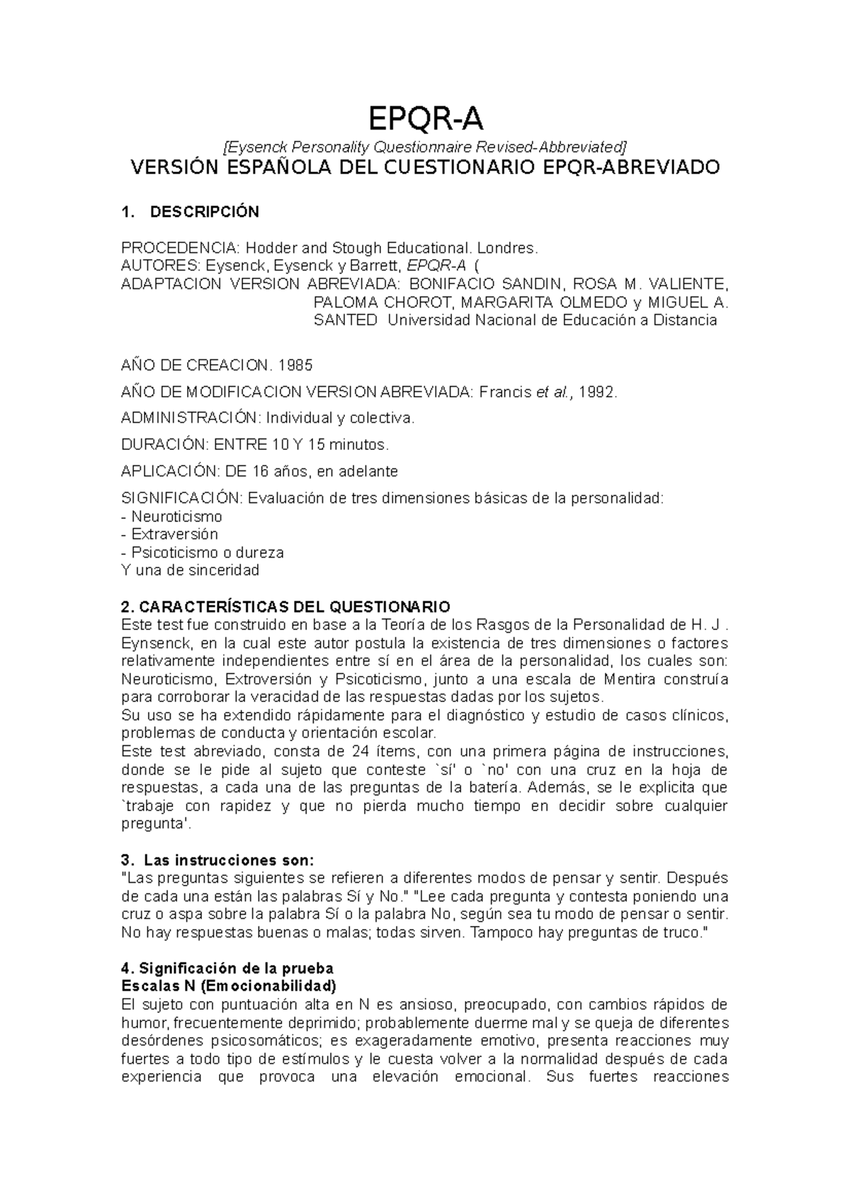 EPQR A - PRUEBA - EPQR-A [Eysenck Personality Questionnaire Revised ...