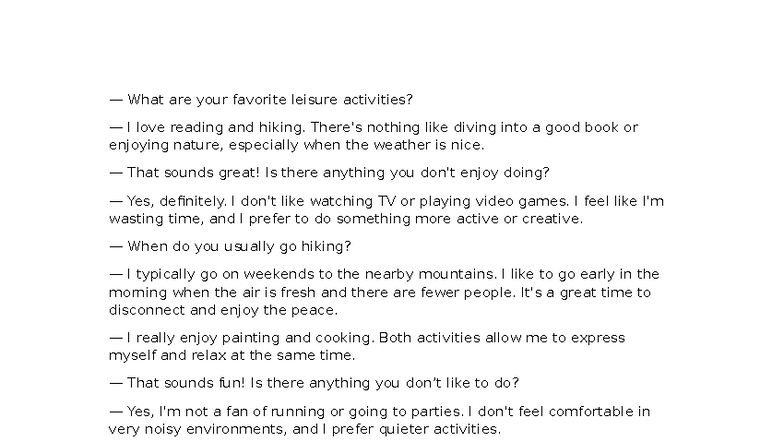 Free Time Activities: Likes & Dislikes in Leisure Time - Studocu