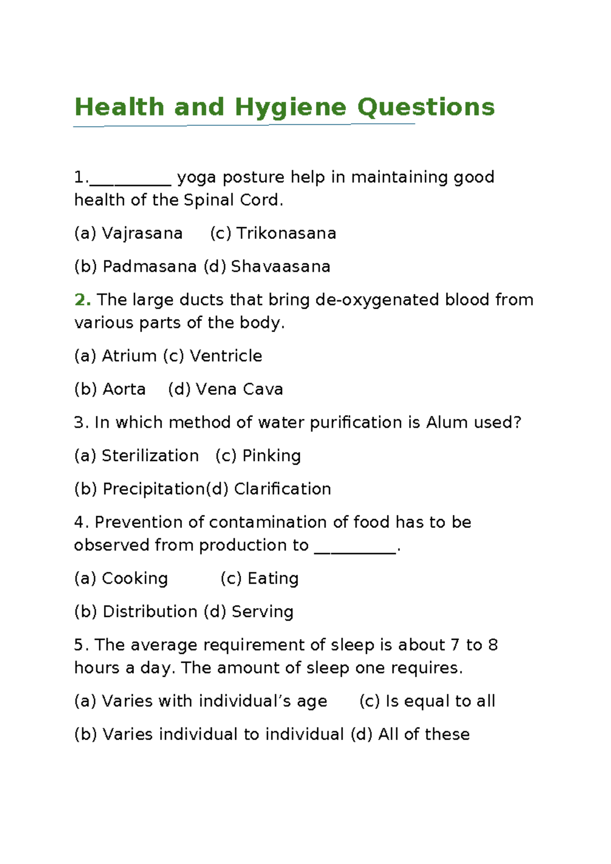 HH Questions - Practice Questions for Health & Hygiene Exam - Studocu