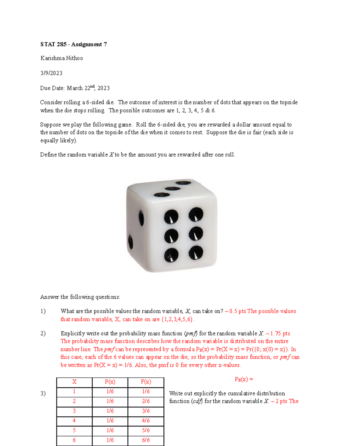 STAT 285 - Assignment 7: Analysis of a Die Rolling Game - Studocu