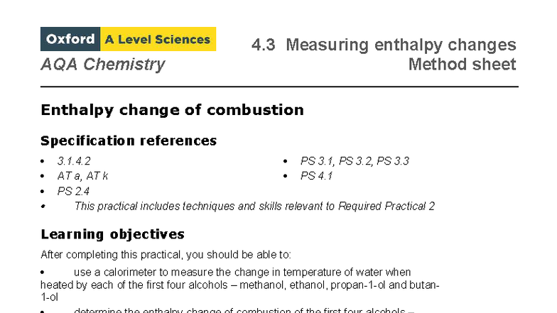 AQA Chemistry 4.3 Enthalpy Change of Combustion Method Sheet - Studocu