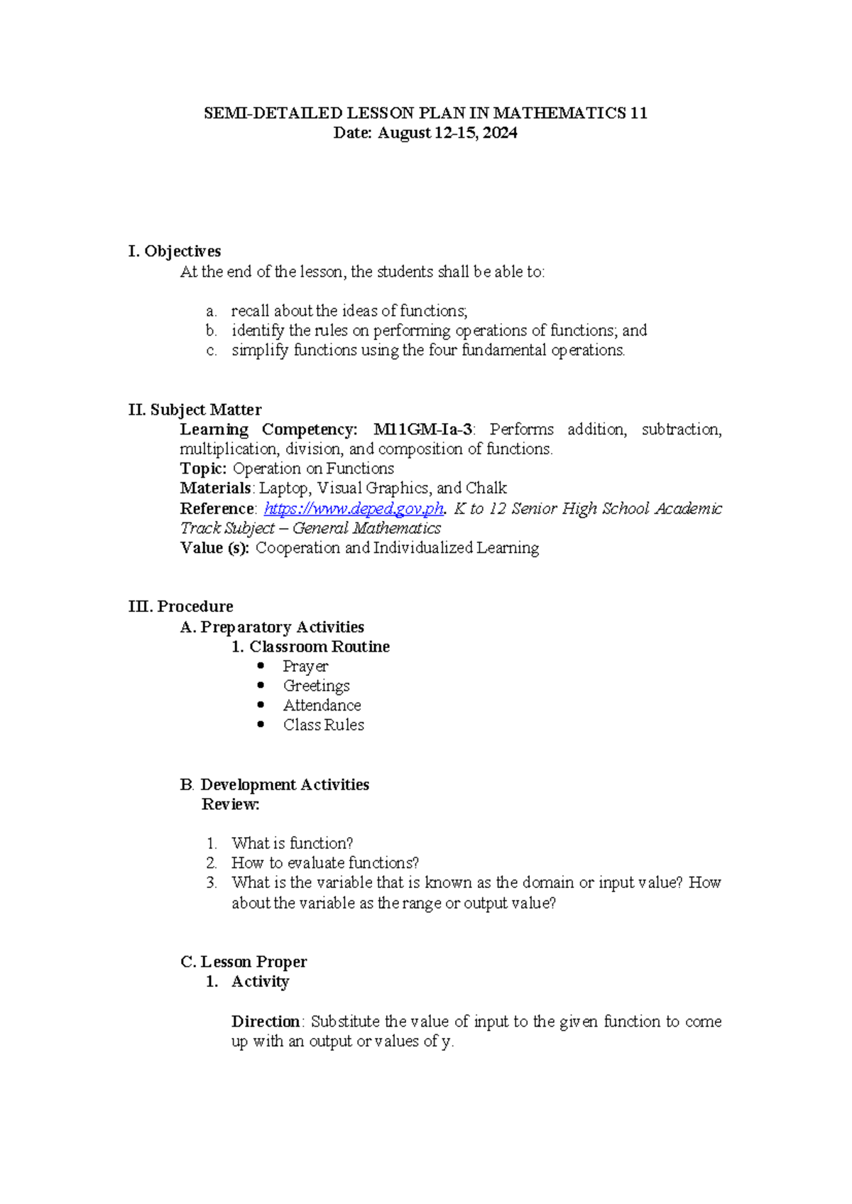 Operation on Functions - SEMI-DETAILED LESSON PLAN IN MATHEMATICS 11 ...