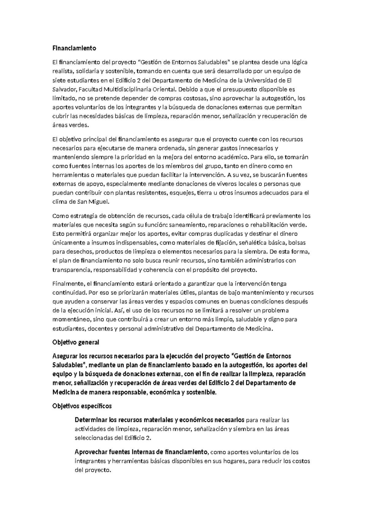 Financiamiento Sostenible para el Proyecto de Entornos - Medicina UES ...