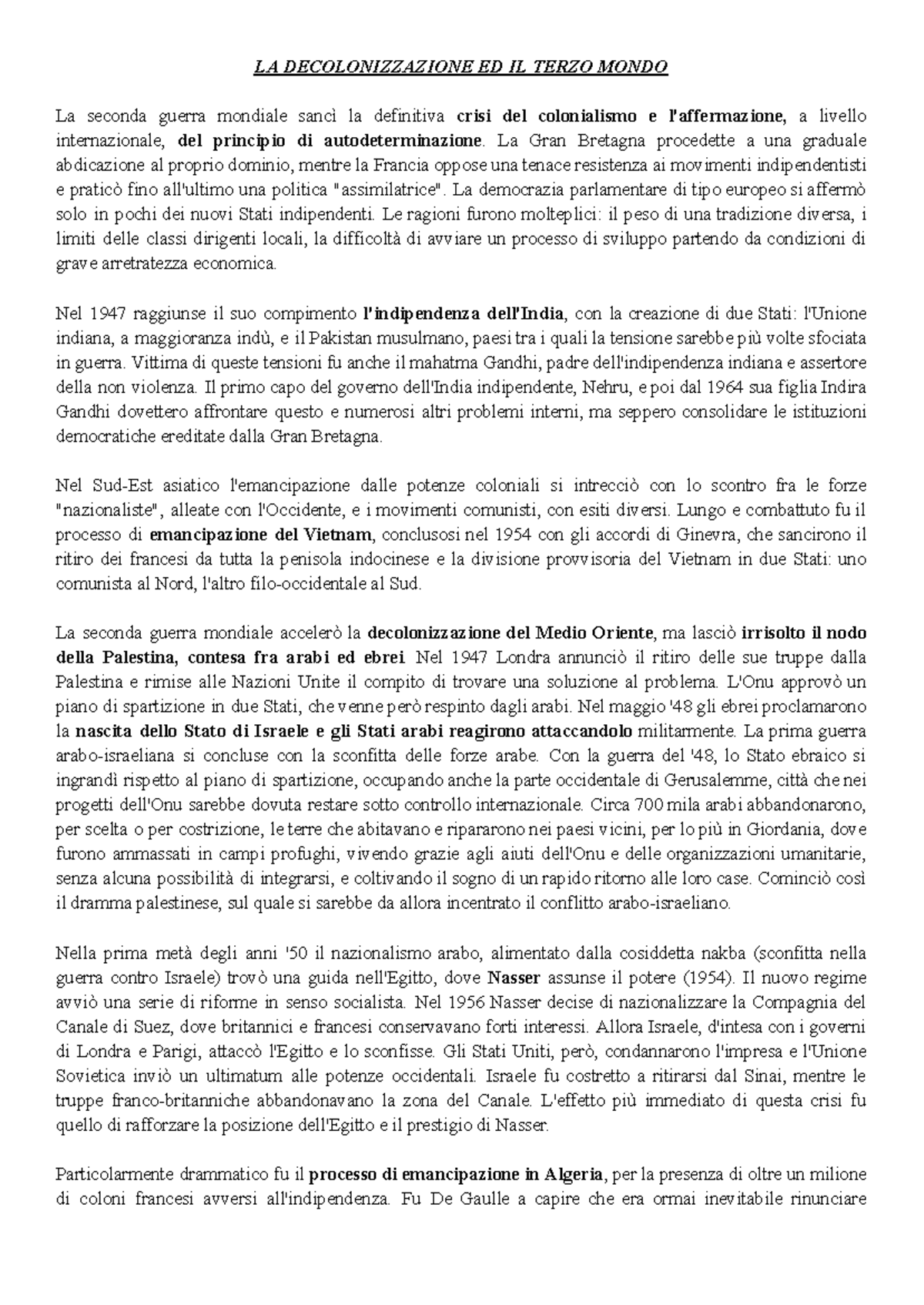 LA DECOLONIZZAZIONE E IL TERZO MONDO: Storia e Impatti - Studocu
