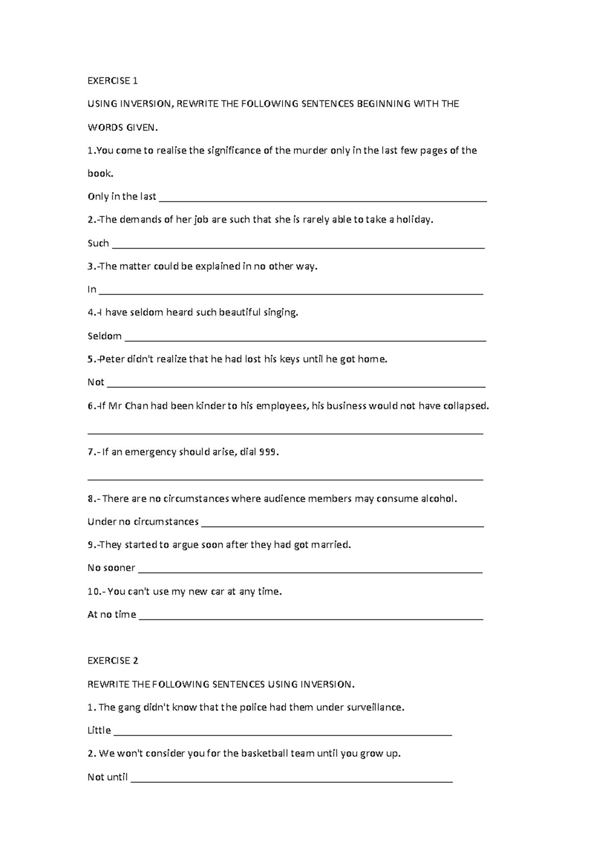 Inversions Activities for English Grammar Exercises - Studocu