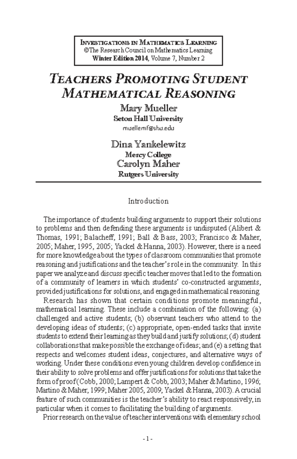 Teachers Promoting Student Mathematical Reasoning: CML 2014 Insights ...