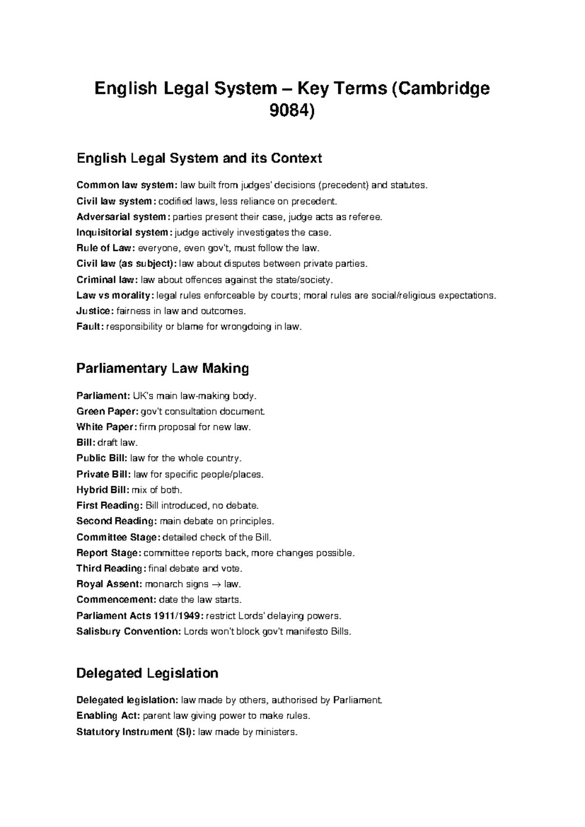English Legal System Key Terms Overview (Cambridge 9084) - Studocu
