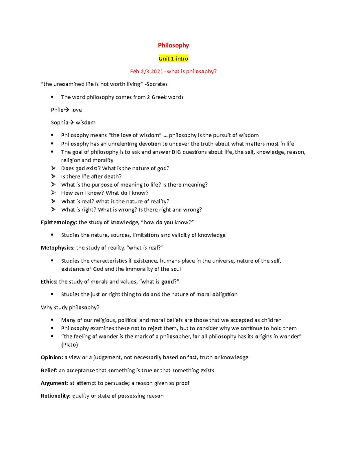 philosophy notes grade 12 - Philosophy Unit 1-intro Feb 2/3 2021- what ...