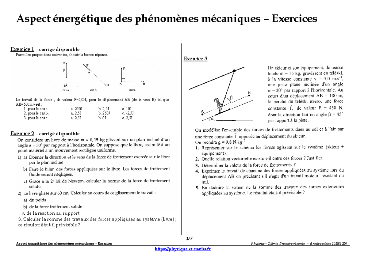 Exercices Corrigés D énergie Mécanique Physique Chimie Première