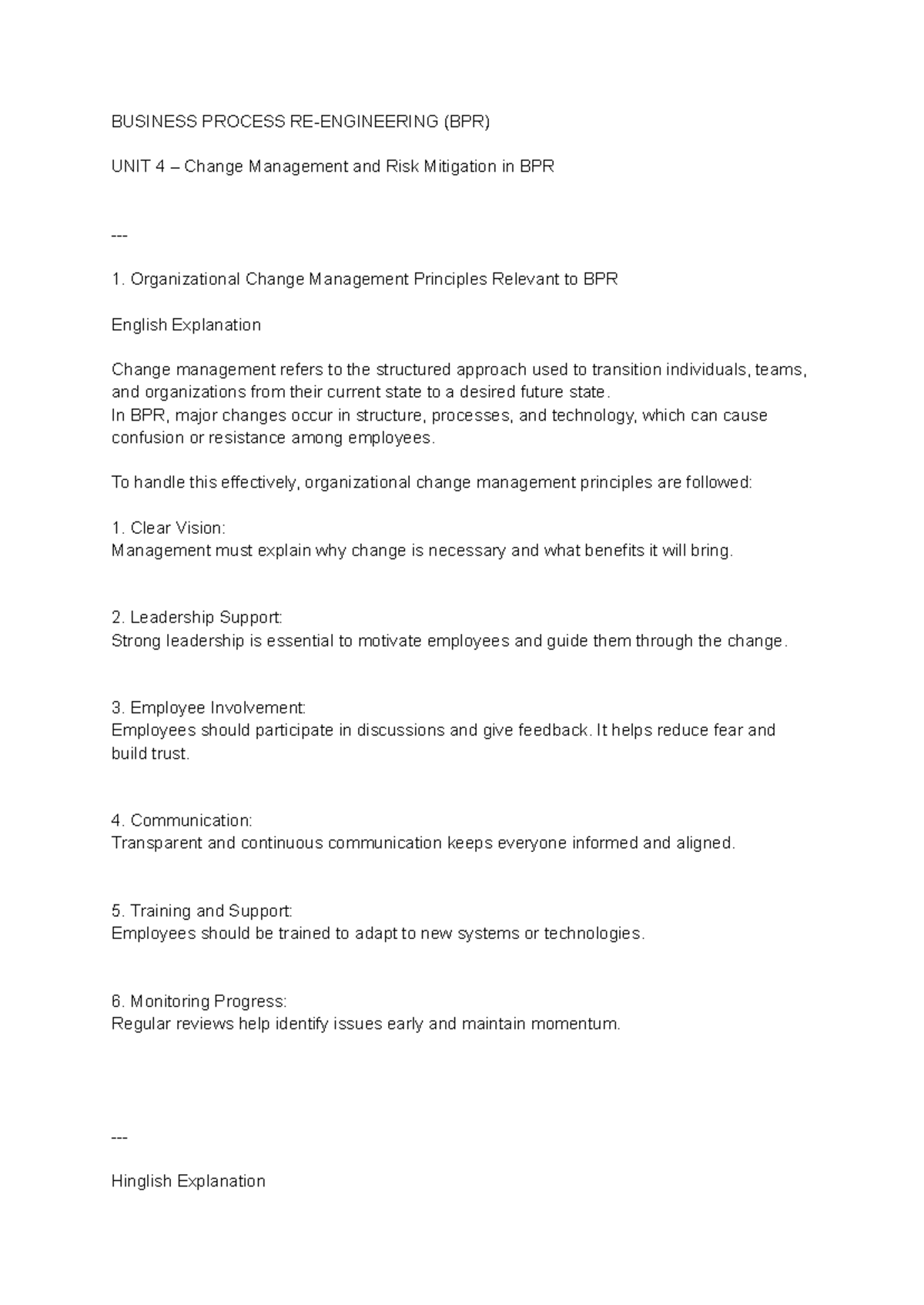 Business Process Re-Engineering (BPR) Unit 4: Change Management & Risk ...