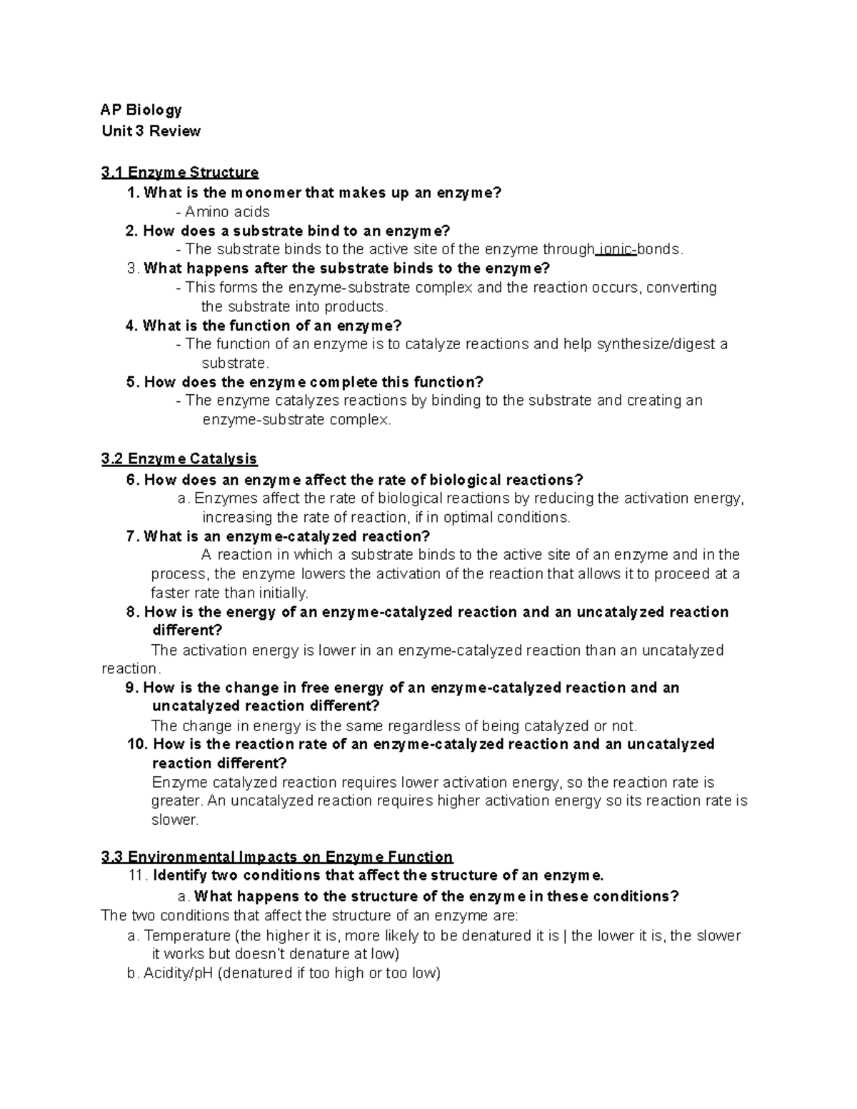 AP Biology Unit 3 Review: Enzymes & Their Functions (Topics 3.1-3.3 ...