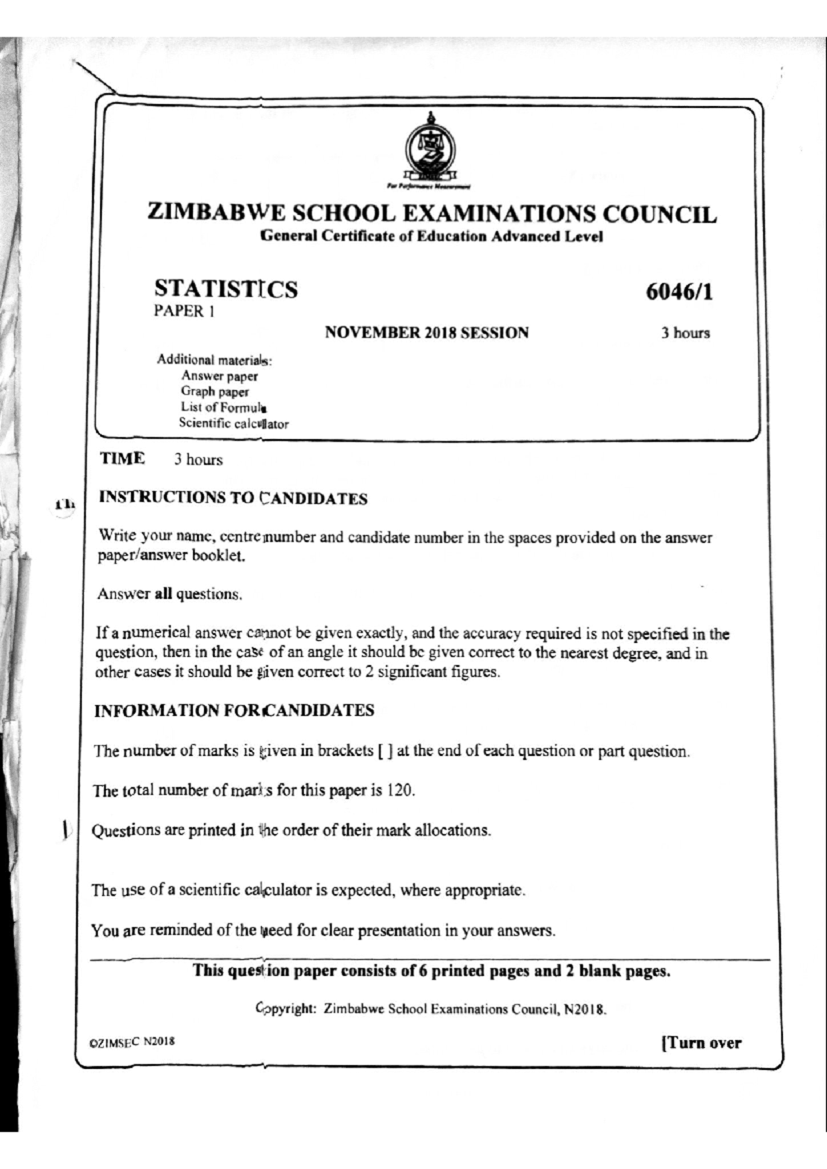 Statistics Paper 1 & 2 with Marking Scheme - ZIMBABWE SCHOOL ...