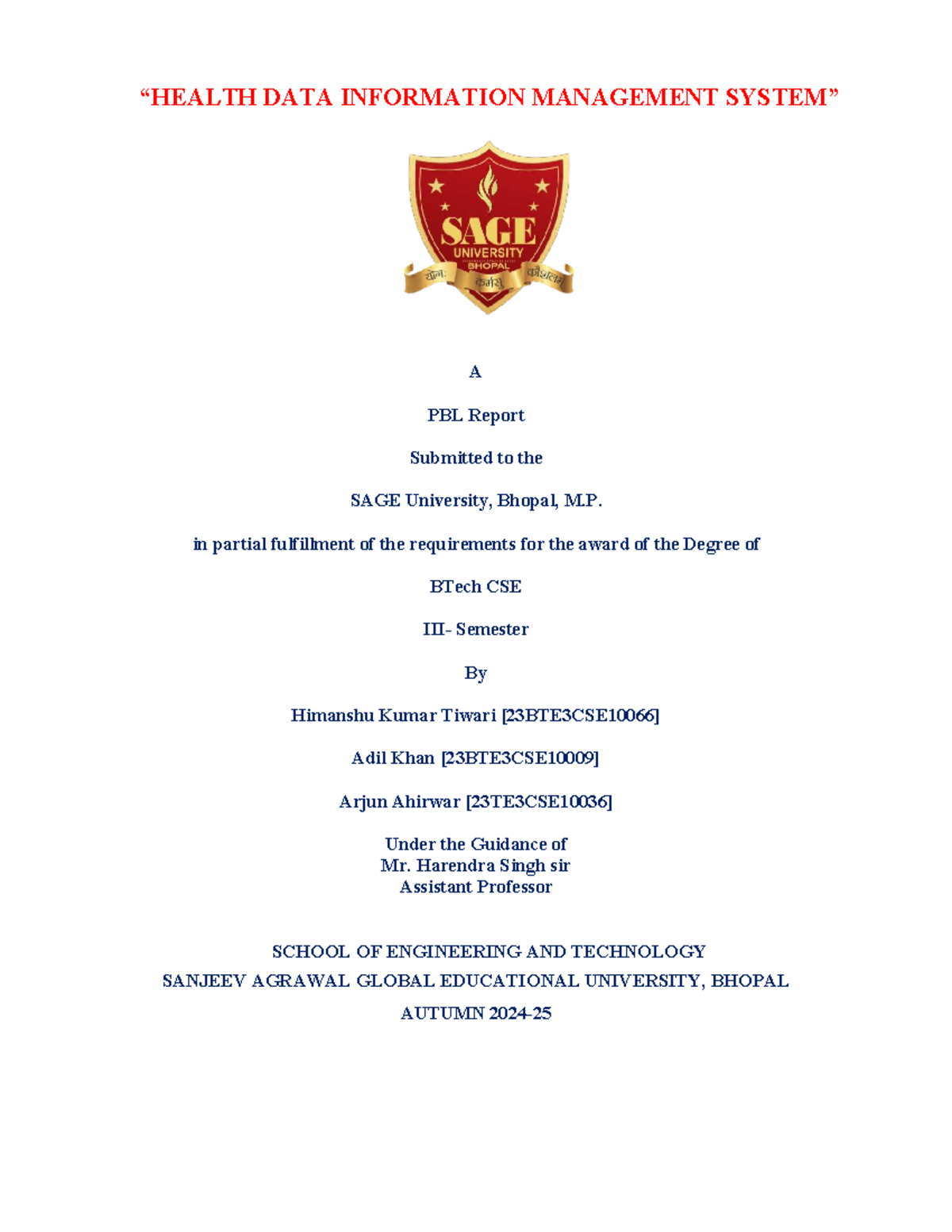Pbl Report “health Data Information Management System” A Pbl 6496