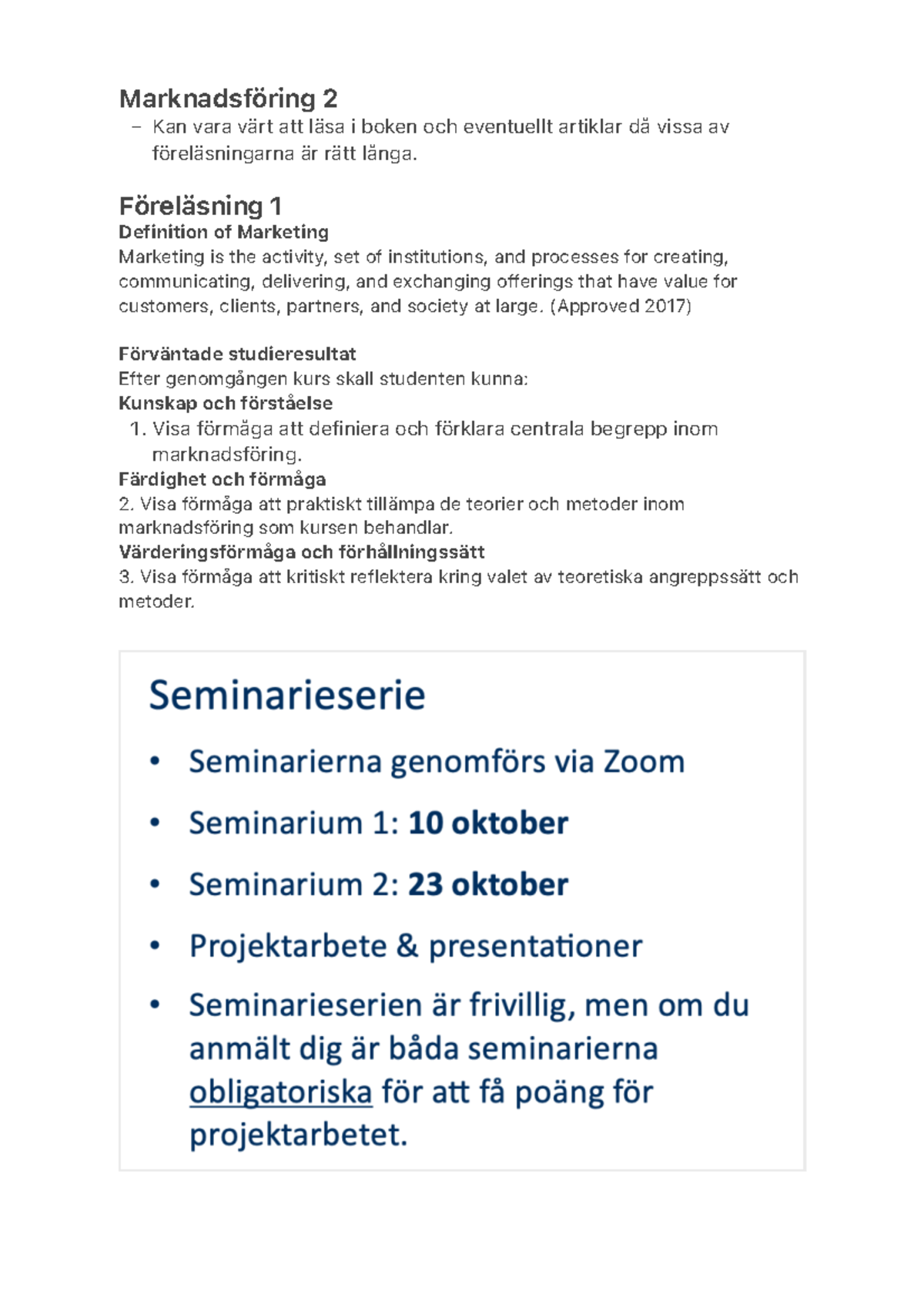 Marknadsföring 2 - Föreläsningar och Projektarbete F1-4 - Studocu
