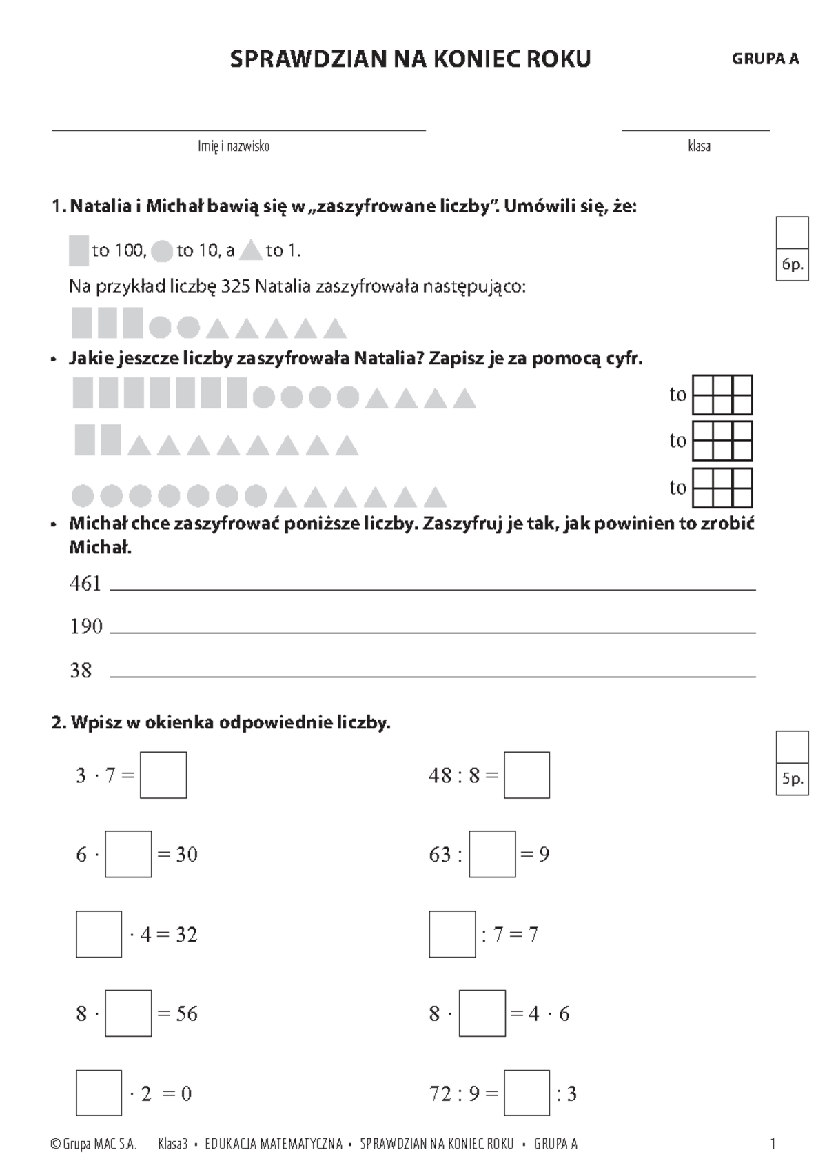SPRAWDZIAN NA KONIEC ROKU KL. 3 EDUKACJA MATEMATYCZNA - Studocu