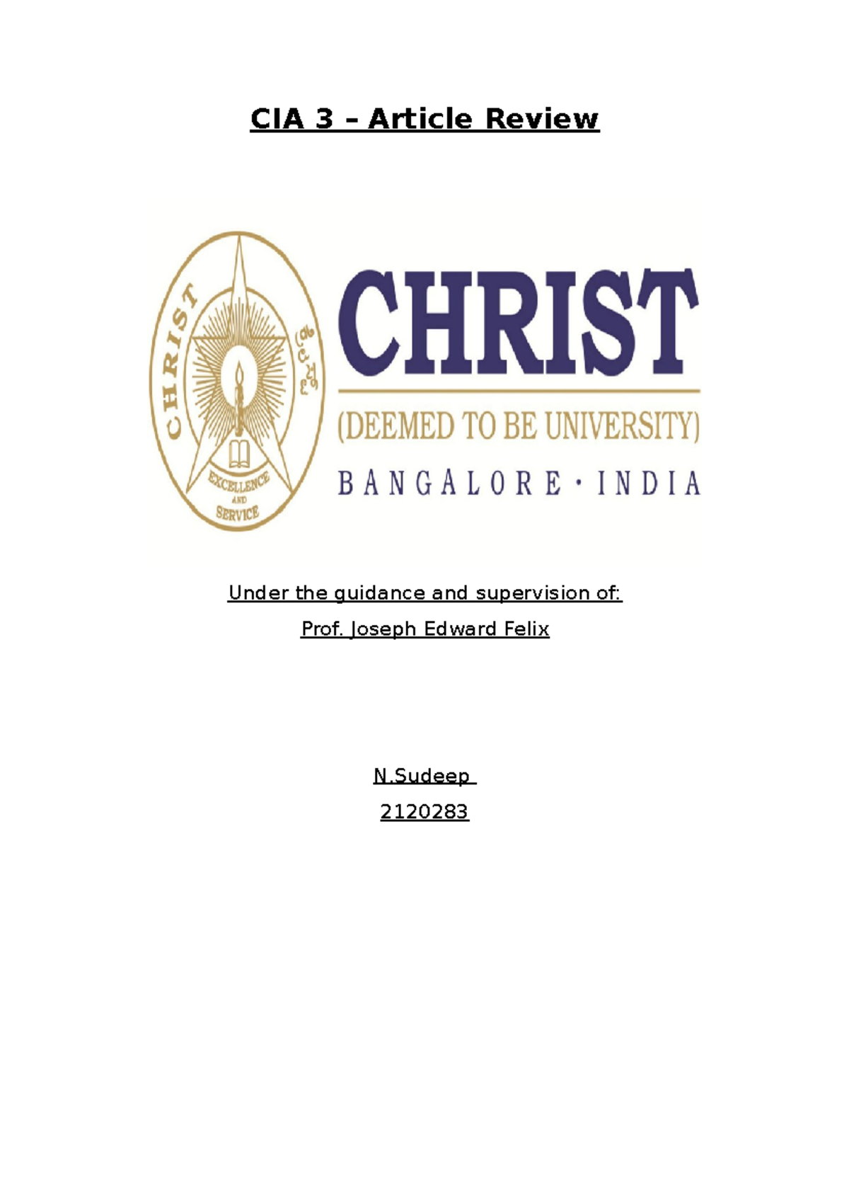 CIA 3 - Eng - 2120283 - CIA 3 – Article Review Under the guidance and ...