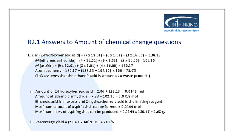 R2.1 Chemical Change Calculations and Atom Economy Analysis - Studocu