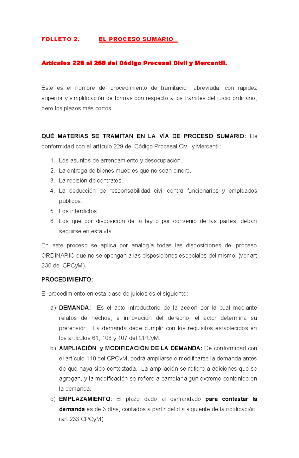 FOLLETO 2: Proceso Sumario según el Código Procesal Civil y Mercantil ...