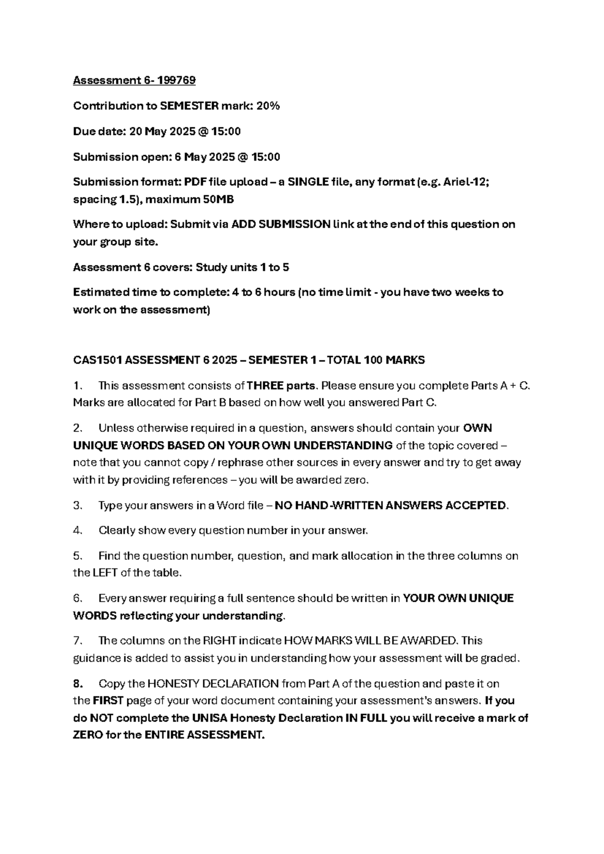 CAS1501 Assessment 6 Guidelines for Semester 1, 2025 Submission - Studocu