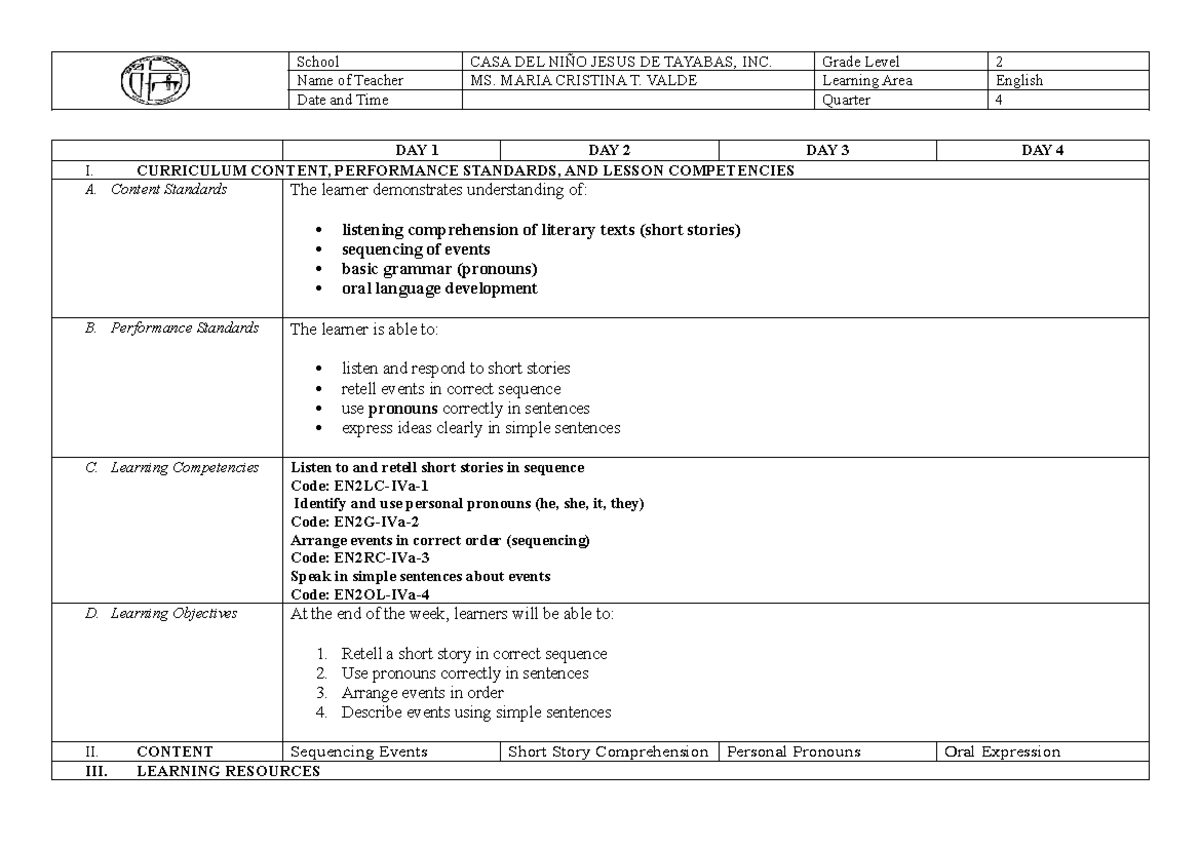 Q4 W1-3 Lesson Plan: Sequencing Events & Pronouns in English 4 - Studocu