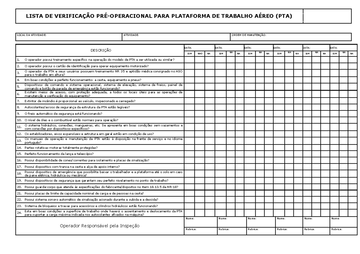 Check List PTA-1 - LISTA DE VERIFICAÇÃO PRÉ-OPERACIONAL PARA PLATAFORMA ...