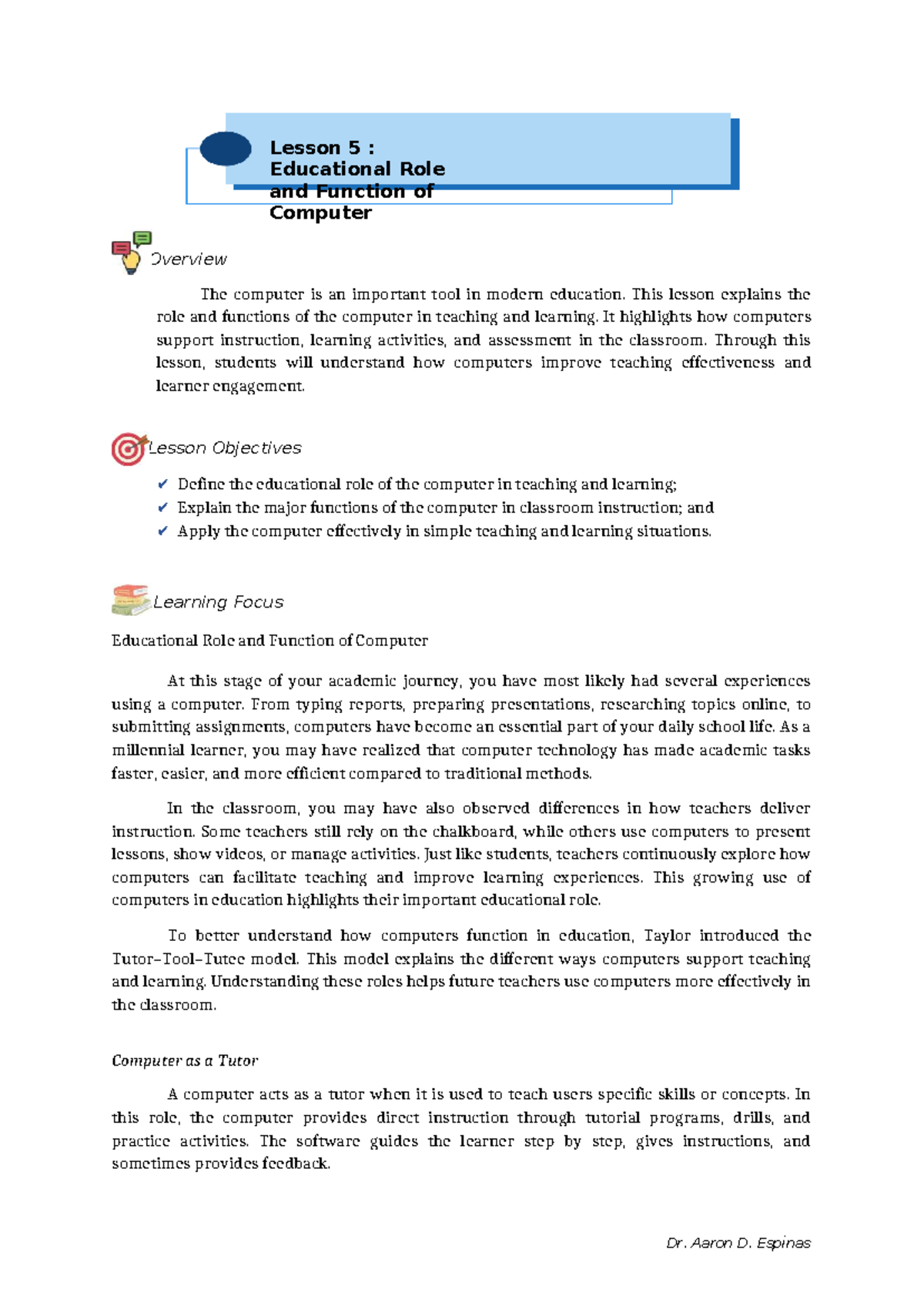 Lesson 5: The Educational Role & Functions of Computers in Teaching ...