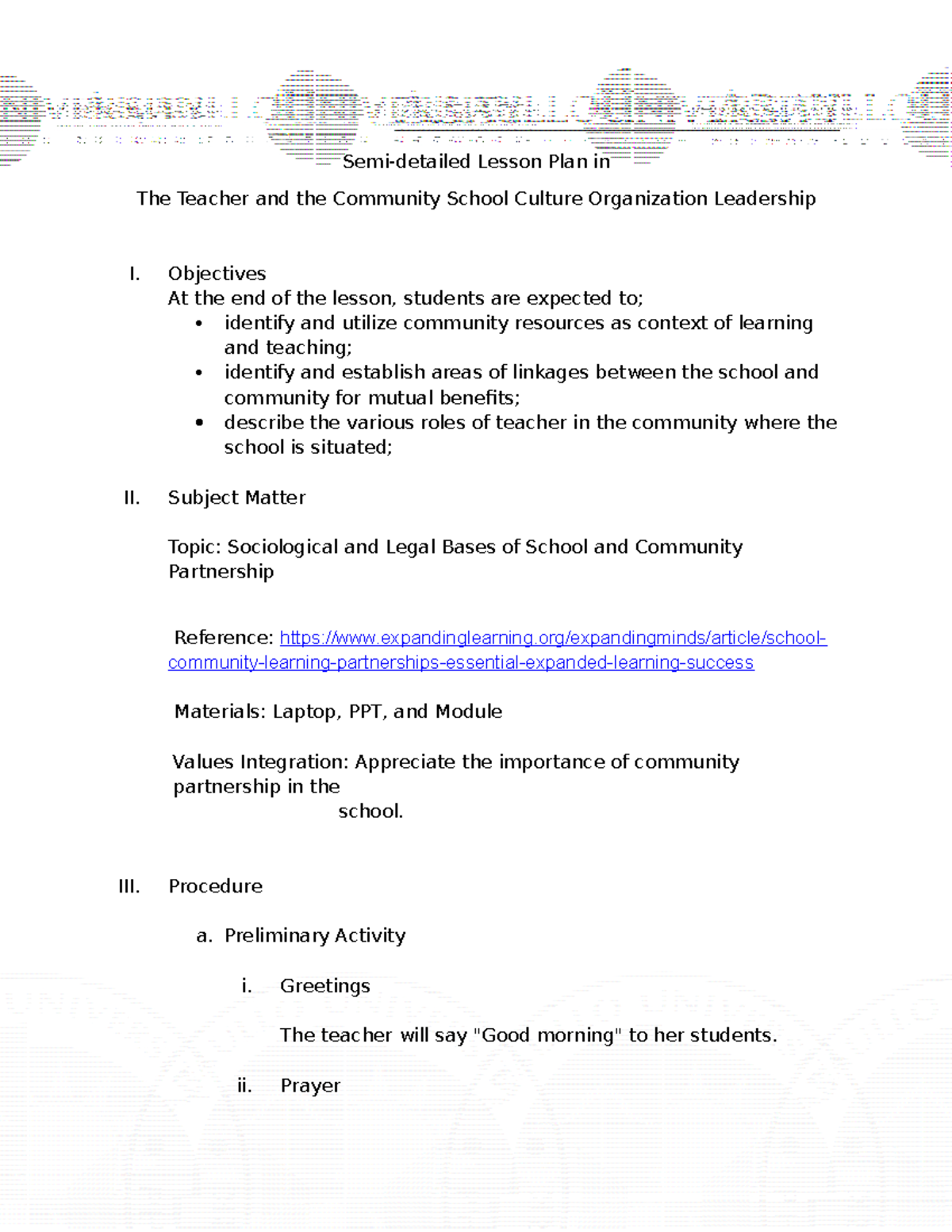 3SEDEN-C1: Semi-Detailed Lesson Plan on School-Community Partnerships ...