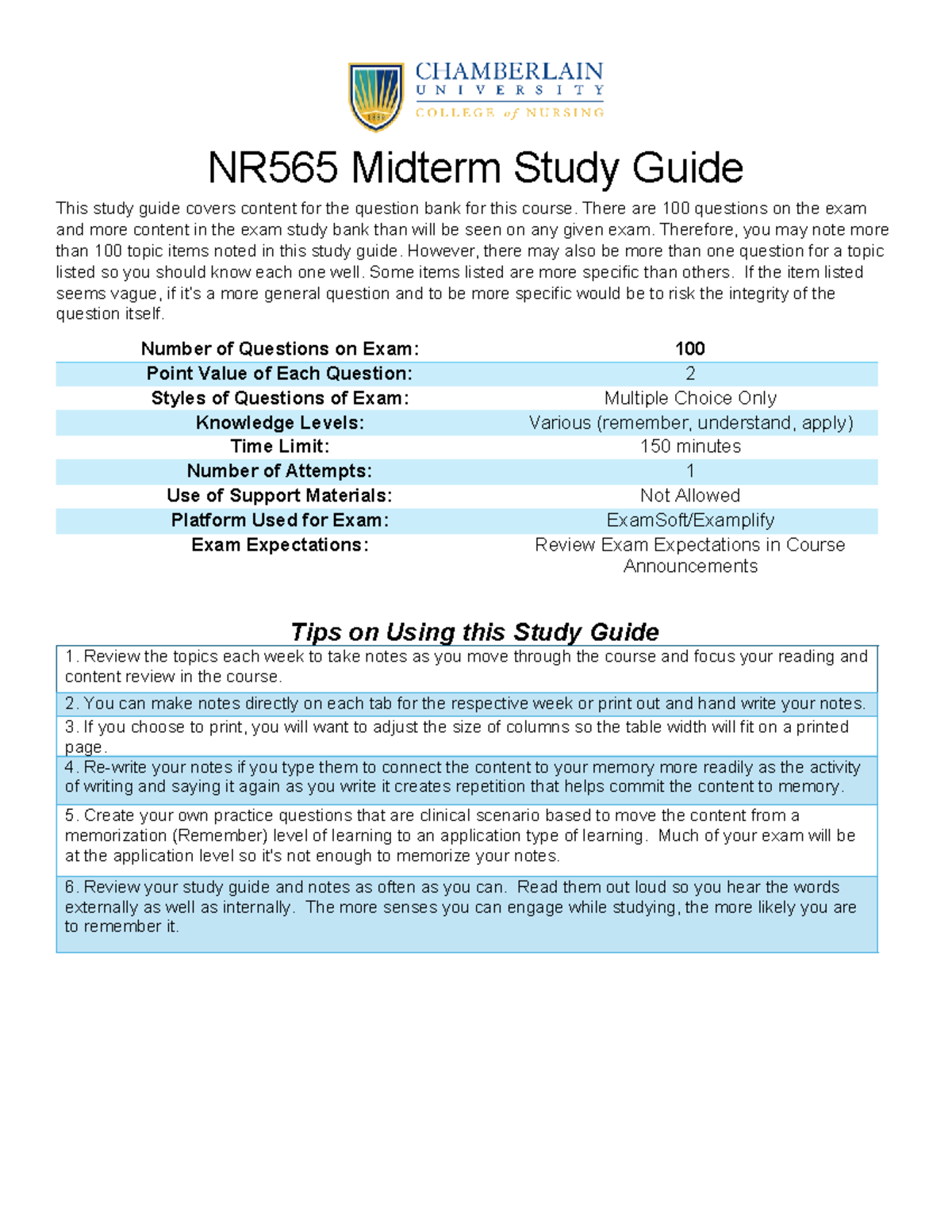 NR565 Midterm Study Guide - Essential Topics & Question Breakdown - Studocu