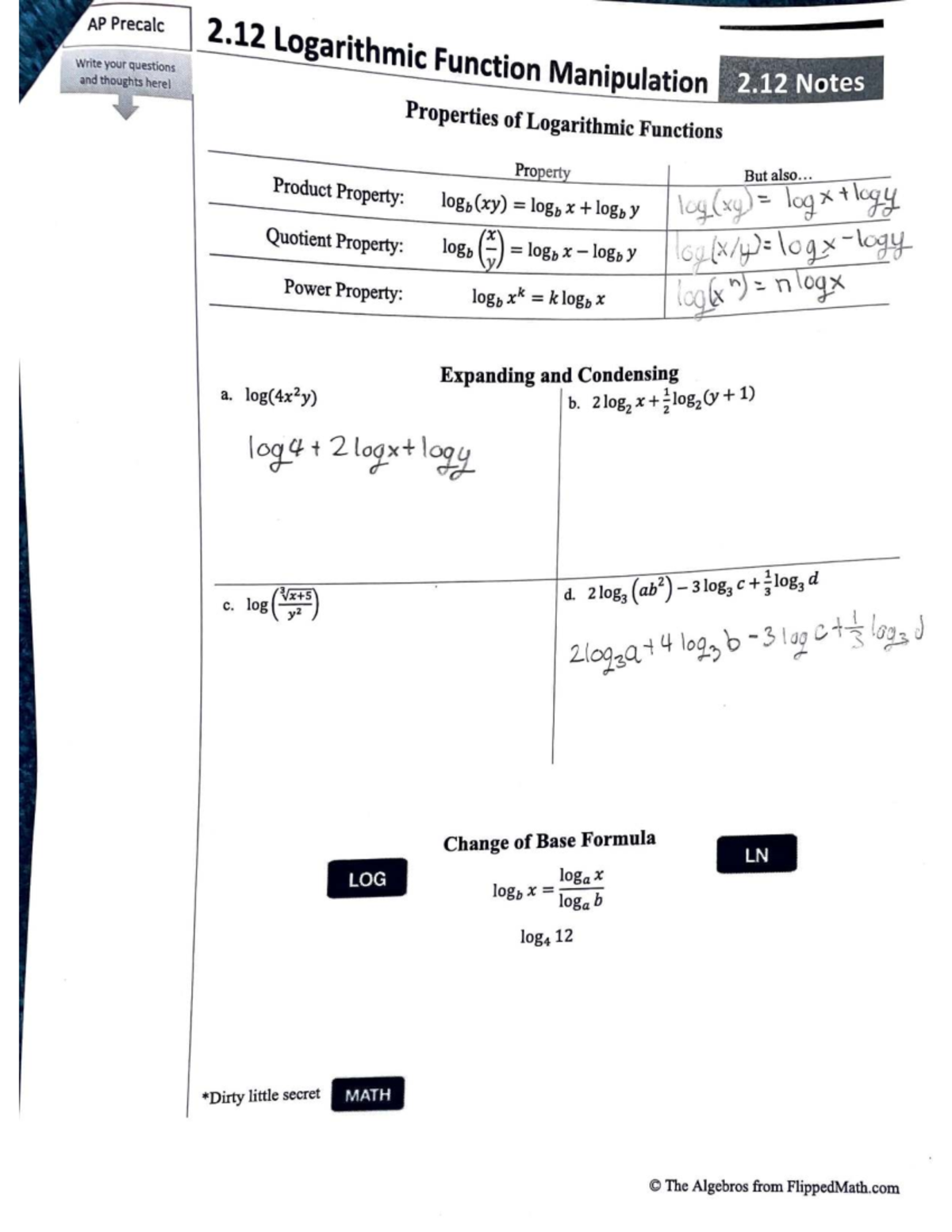 Precalculus 2.12 Notes: Logarithmic Function Properties & Manipulations ...
