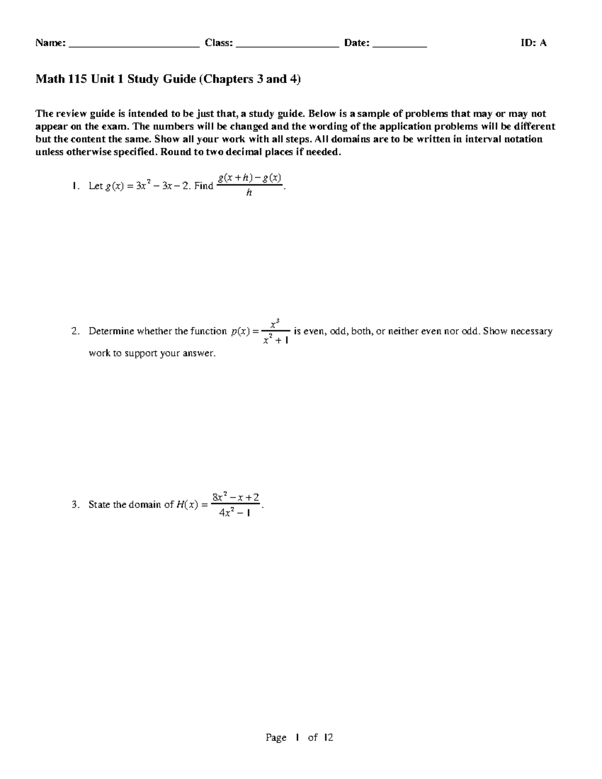Math 115 Unit 1 Study Guide - Name: Class: Date: ID: A Math 115 Unit 1 ...