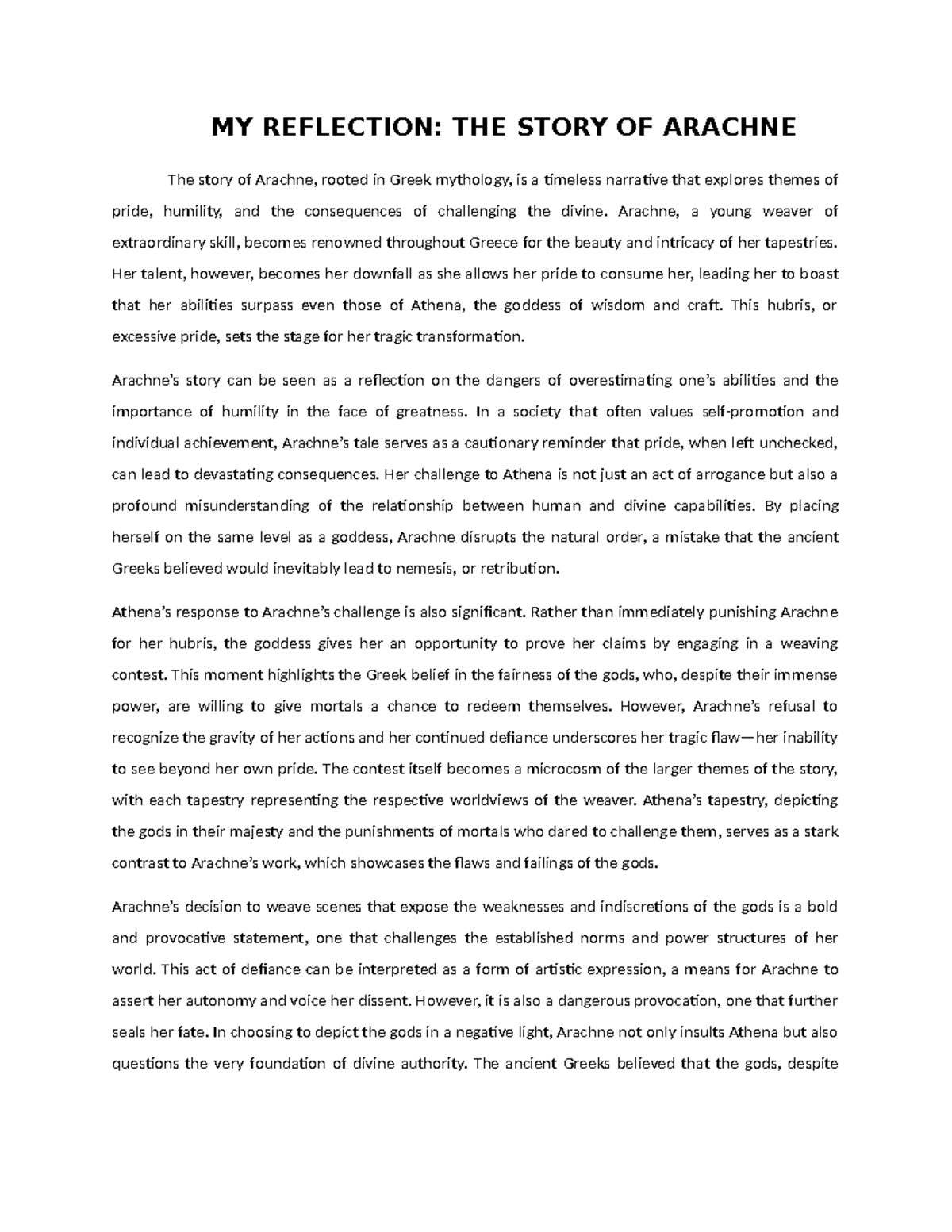 Reflection Paper: The Tragic Tale of Arachne in Greek Mythology - Studocu
