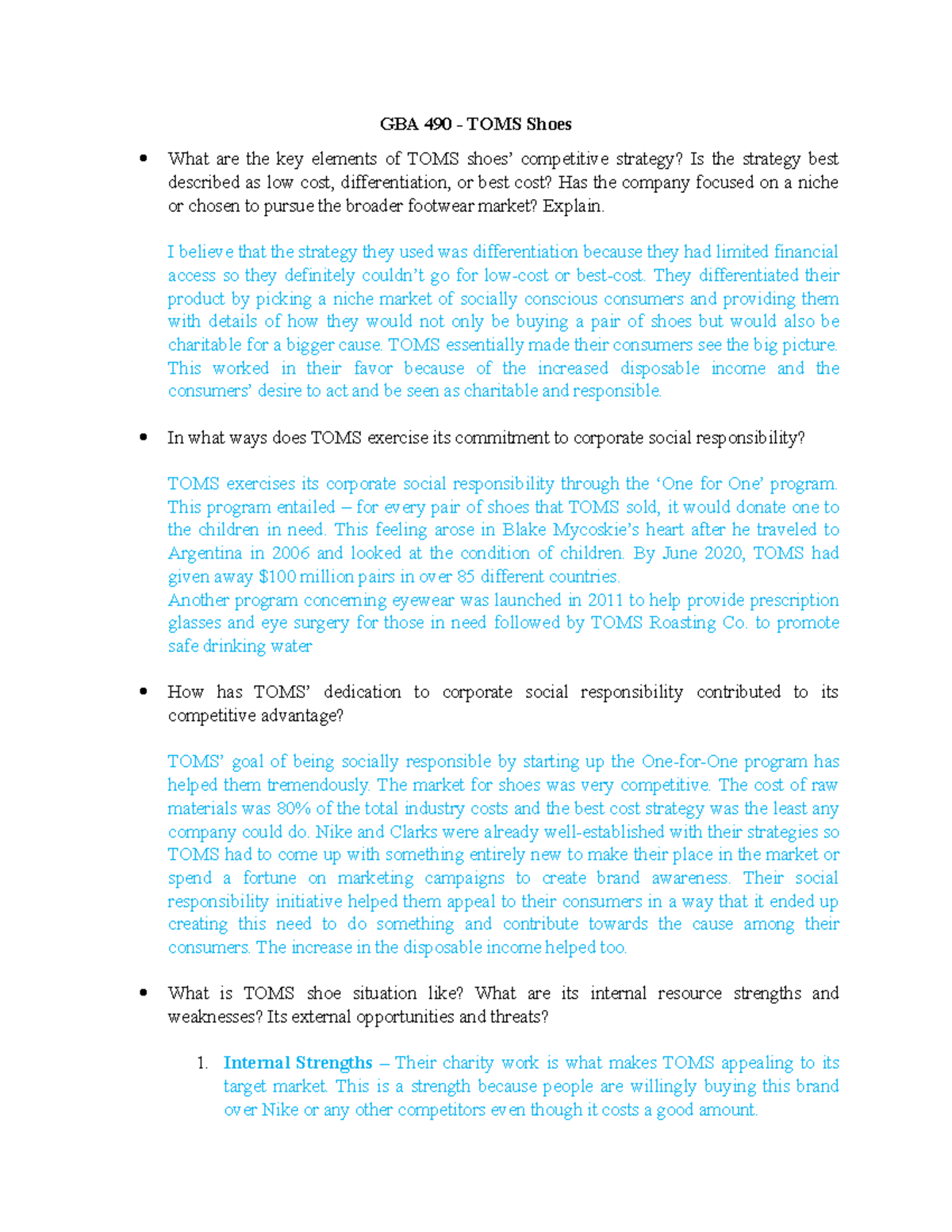 GBA490 TOMS Case Study: Competitive Strategy & CSR Analysis - Studocu