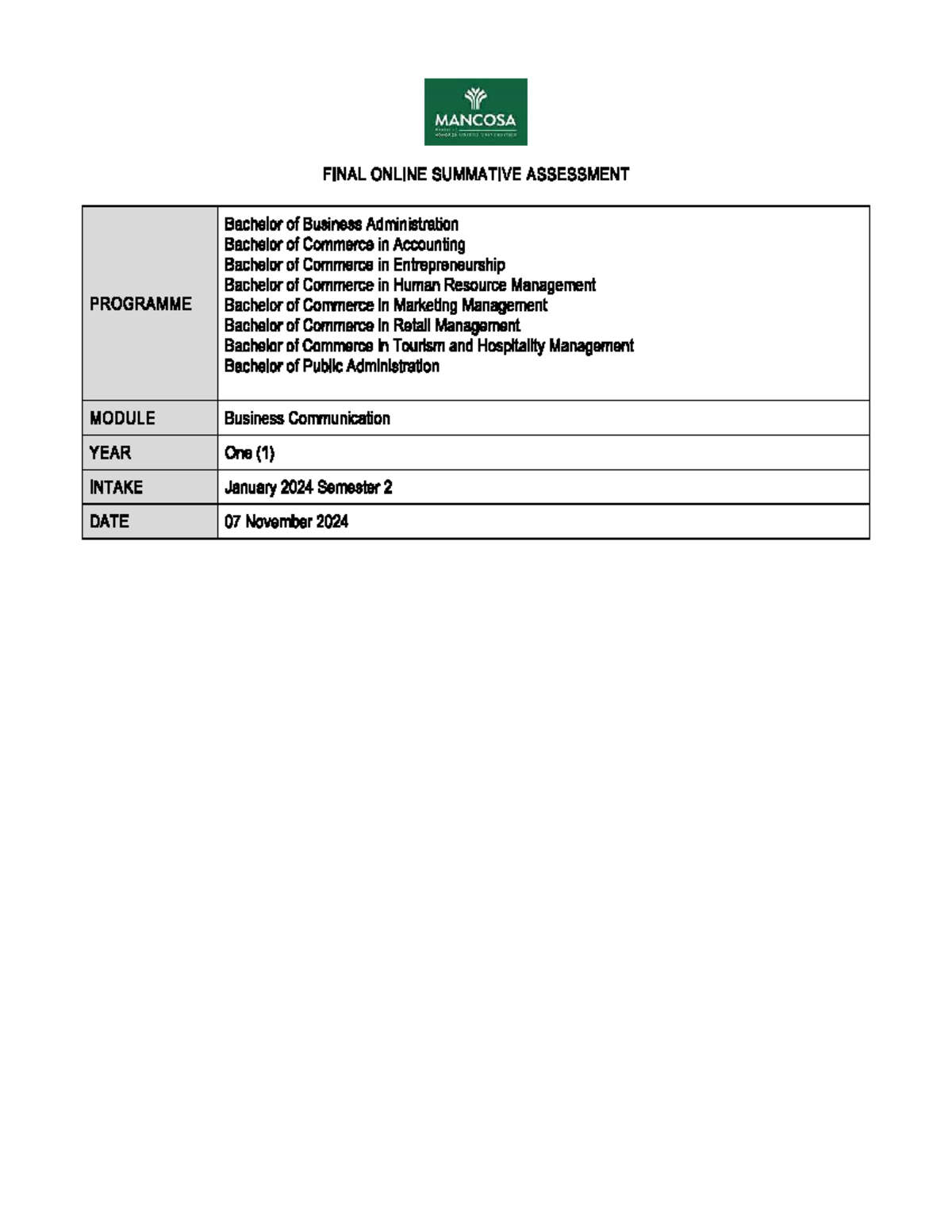 MANCOSA BBA & BCOM FINAL ONLINE ASSESSMENT: Business Communication 2024 - Studocu