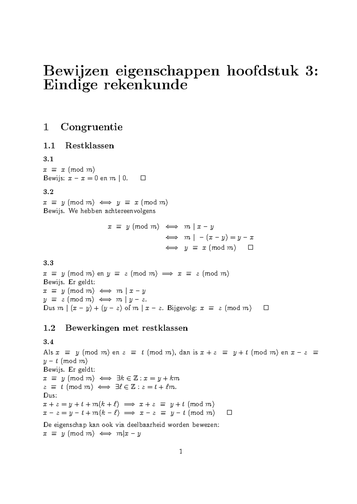 Bewijs Eigenschappen Hoofdstuk 3: Eindige Rekenkunde 1 - Congruentie ...